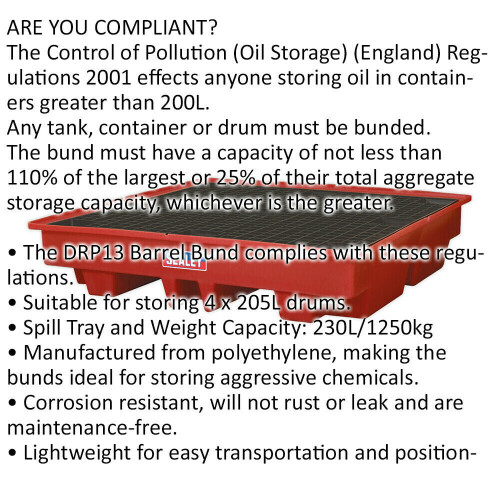 Polyethylene Barrel Bund - 1280 x 12800 x 275mm - Holds 2 x 205L Drums ...