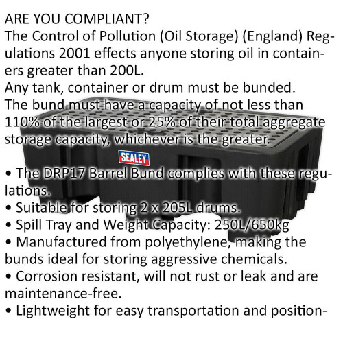 Polyethylene Barrel Bund - 1300 x 750 x 440mm - Holds 2 x 205L Drums ...
