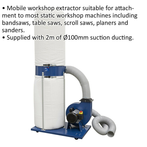 230V Dust & Chip Extractor - 2hp Mobile Workshop Extractor - 2m x 100mm ...