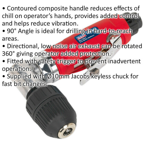 Air Operated Angle Drill - 10mm Keyless Chuck - Safety Trigger - 1/4 ...