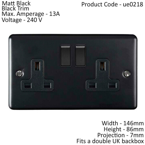 2 Gang Double UK Plug Socket MATT BLACK 13A Switched Mains Wall Power ...