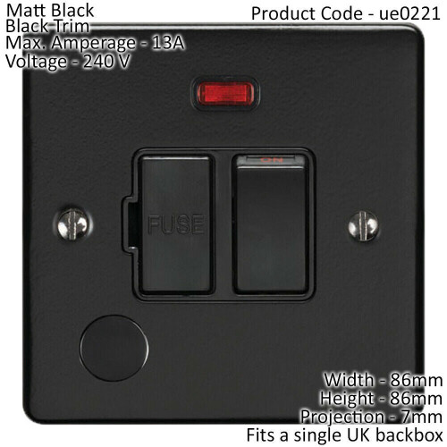 13A DP Switched Fuse Spur & Flex Outlet MATT BLACK & Black Mains ...