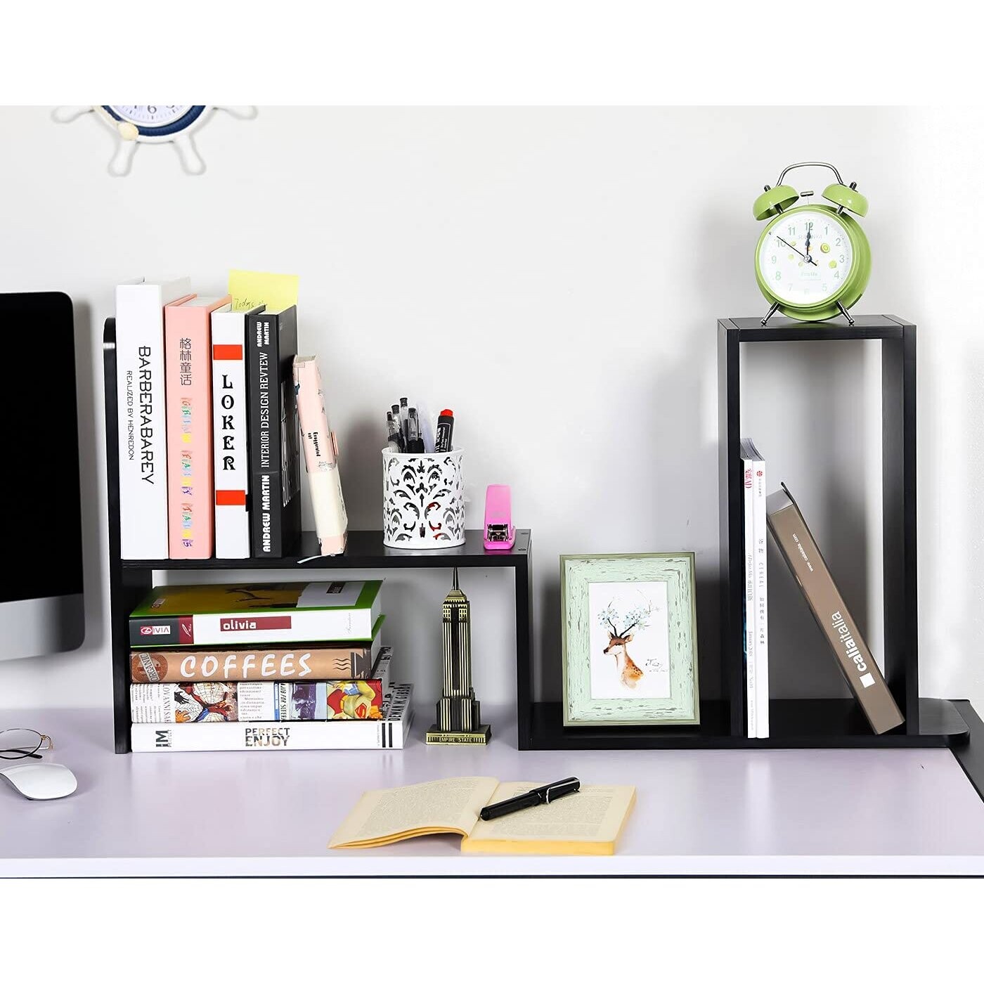 EasyPAG Wood Small Desk Shelves Adjustable Mini Desktop Bookshelf ...