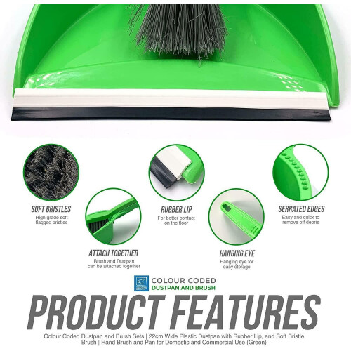 Green Dustpan and Brush Set Colour Coded Dust Pan Broom Sweeper Indoor ...