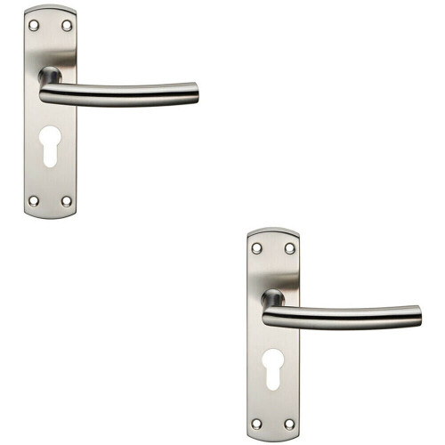 2x Curved Bar Lever Door Handle on Euro Lock Backplate 172 x 44mm Satin ...