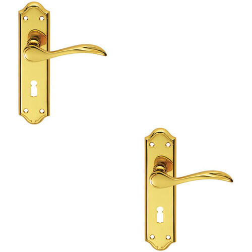 2x PAIR Curved Door Handle Lever on Lock Backplate 180 x 45mm Polished ...