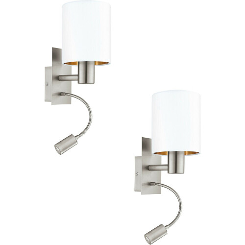 2 PACK Wall Light Satin Nickel Shade White Copper Fabric E27 LED 1x40W ...
