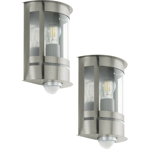 2 PACK IP44 Outdoor Wall Light & PIR Sensor Stainless Steel 1x 60W E27 ...
