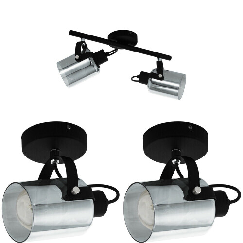 Twin Ceiling Spot Light & 2x Matching Wall Lights Black Vaporized Glass ...