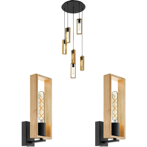 Ceiling Pendant Light & 2x Matching Wall Lights Black & Wood Box ...