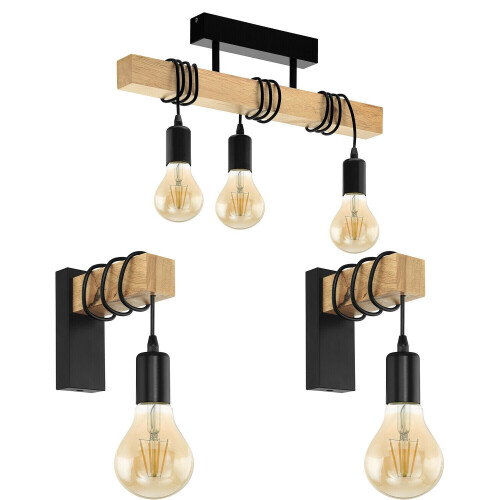 Ceiling Spot Light & 2x Matching Wall Lights Black & Wood Trendy ...