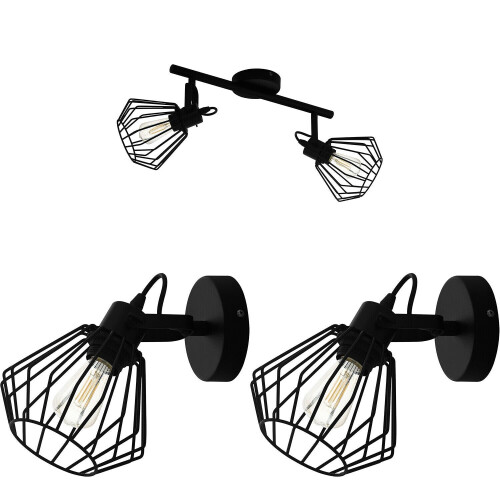 Twin Ceiling Spot Light & 2x Matching Wall Lights Black Geometric Cage ...
