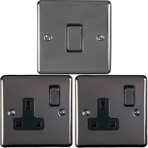 BLACK NICKEL Bedroom Socket & Switch Set - 1x Light Switch & 2x UK ...