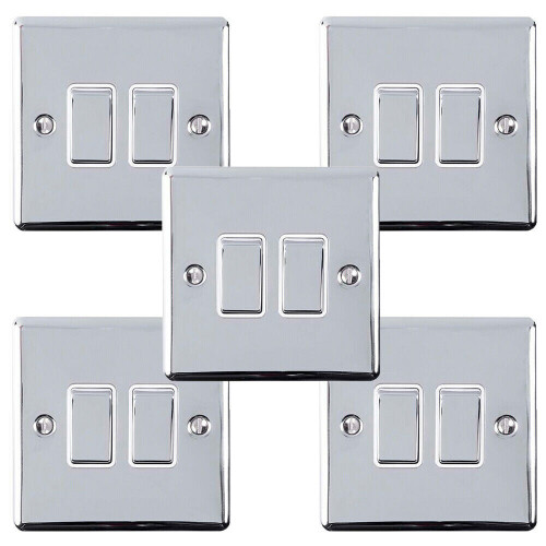 5 PACK 2 Gang Double Metal Light Switch POLISHED CHROME 2 Way 10A White ...