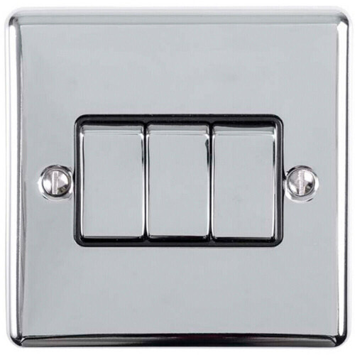3 Gang Triple Light Switch POLISHED CHROME 2 Way 10A Black Trim & Metal ...