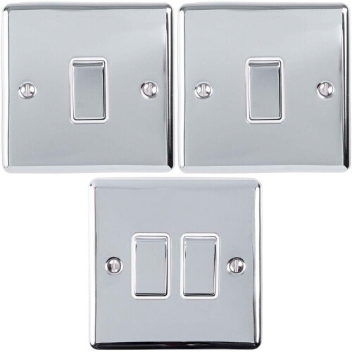 Light Switch Pack - 2x Single & 1x Double Gang - CHROME / Grey 2 Way ...