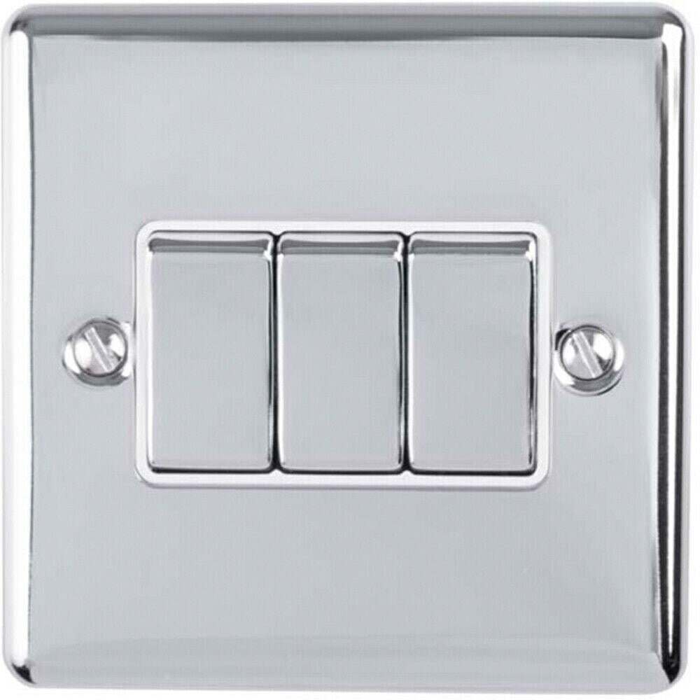 3 Gang Triple Light Switch SATIN STEEL 2 Way 10A Grey Trim & Metal ...