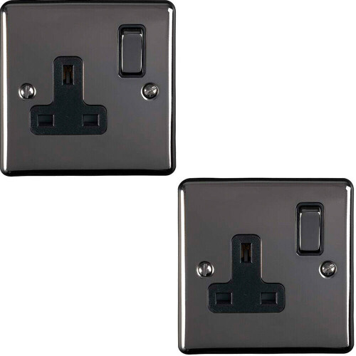 2 PACK 1 Gang Single UK Plug Socket BLACK NICKEL 13A Switched Power ...