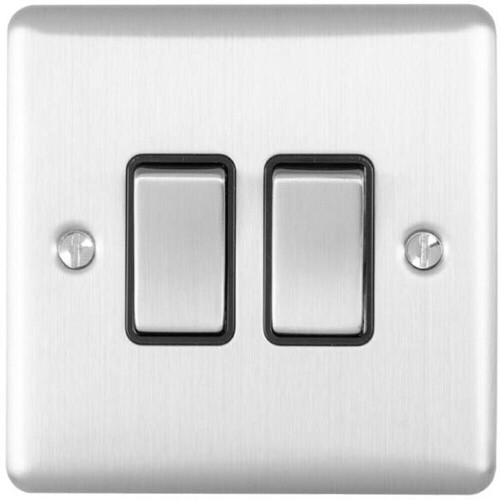 2 Gang Double Light Switch SATIN STEEL 2 Way 10A Black Trim & Metal ...
