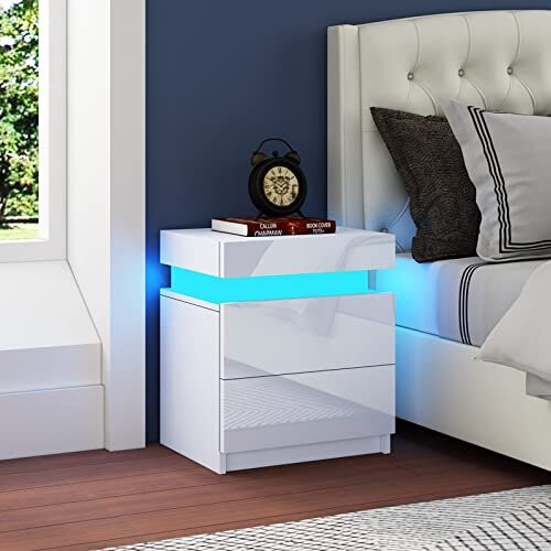 AWOOOD White Bedside Table, Modern LED Light Nightstand High Gloss ...