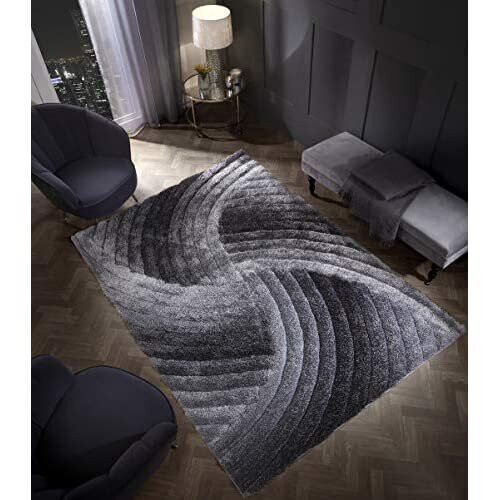 3D SWIRL HEAVYWEIGHT CARVED Shaggy Rug GREY SILVER Ombre Super Plush ...