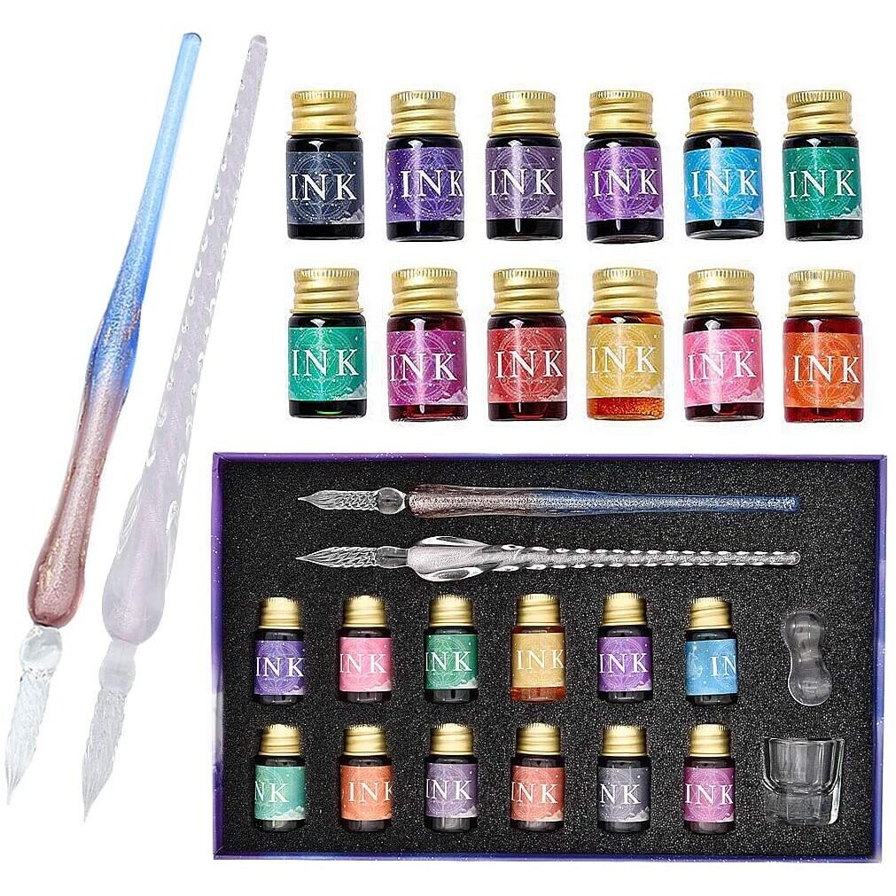 SIPLIV Handmade Glass Dip Pen Ink Set, Crystal Sparkling Signature ...