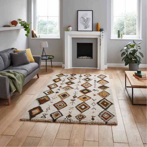 (A636 Beige/Multi, 120 x 170 cm) Nordic Scandi Tribal Shaggy Rugs ...