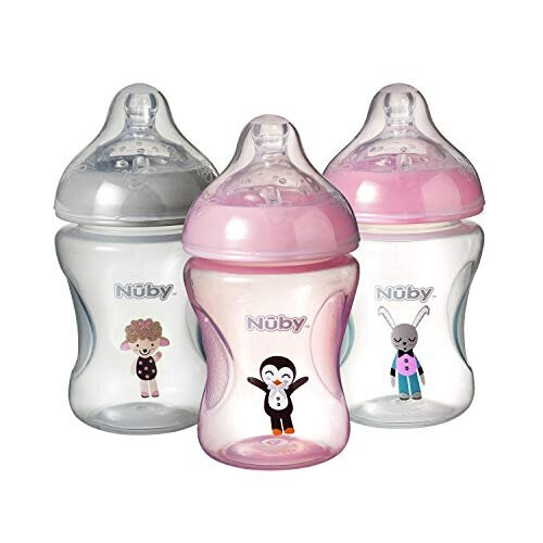 Nuby Anti Colic Baby Bottle Set with Slow Flow Easy Latch Teats. 3 Feeding Friends Pink ...