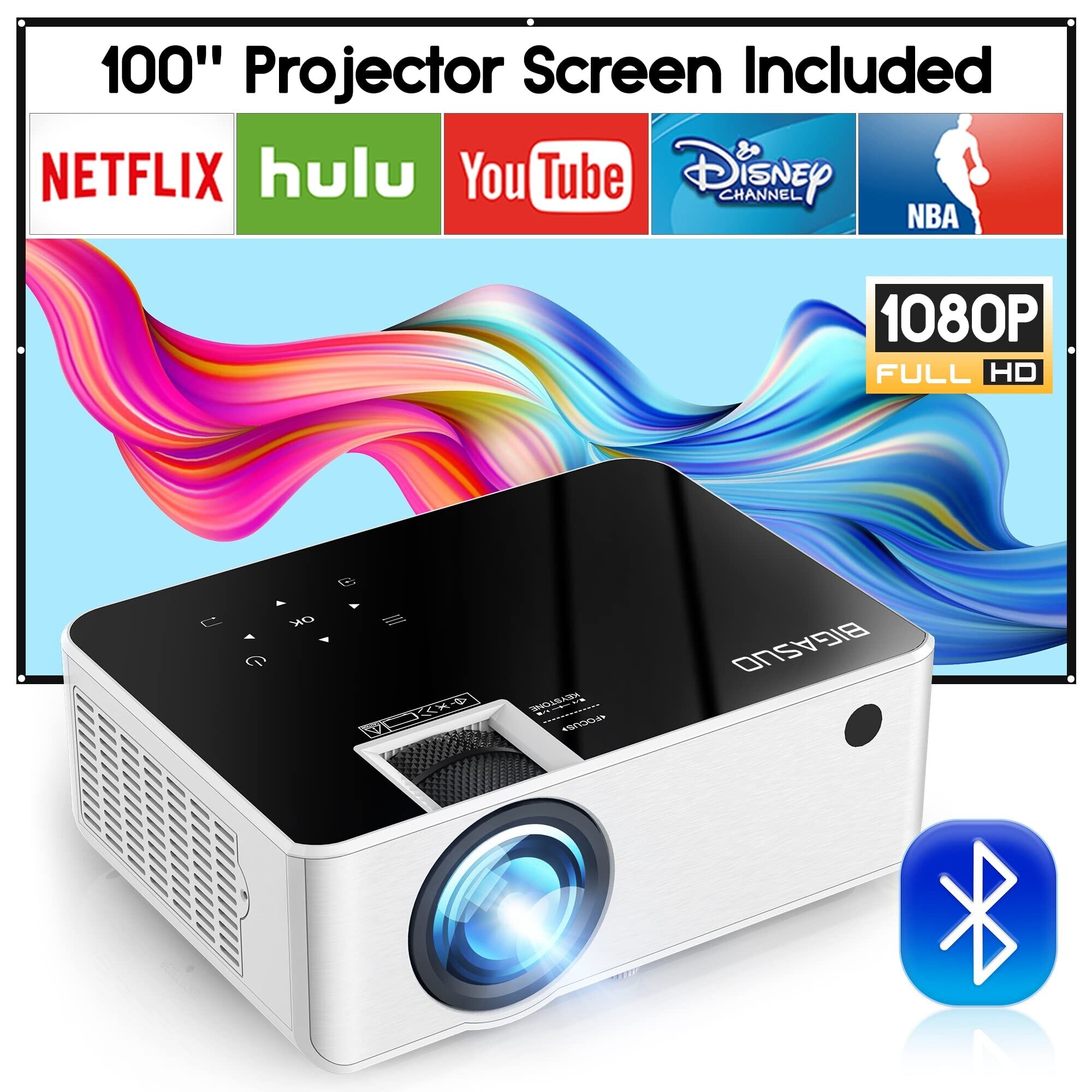 Native 1080P Bluetooth Projector with 100'' Screen, 250'' Big Display ...