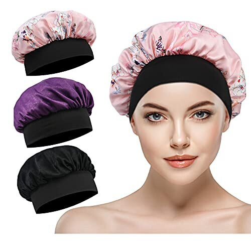URAQT Satin Bonnet Sleep Cap, 3 Pack Night Head Cover for Women, Soft ...
