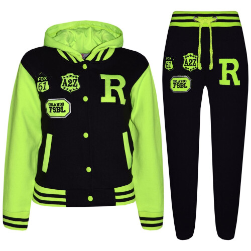(2-3 Years, Black & Neon Green) GIRLS BOYS TRACKSUIT BASEBALL R HOODIE ...