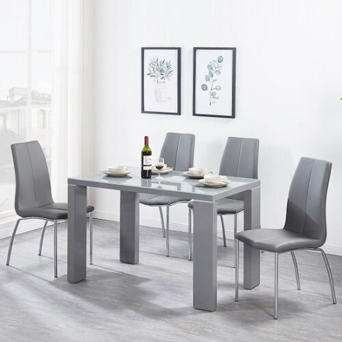 Enzo Glass Dining Table Small In Grey Gloss With 4 Opal Chairs on OnBuy