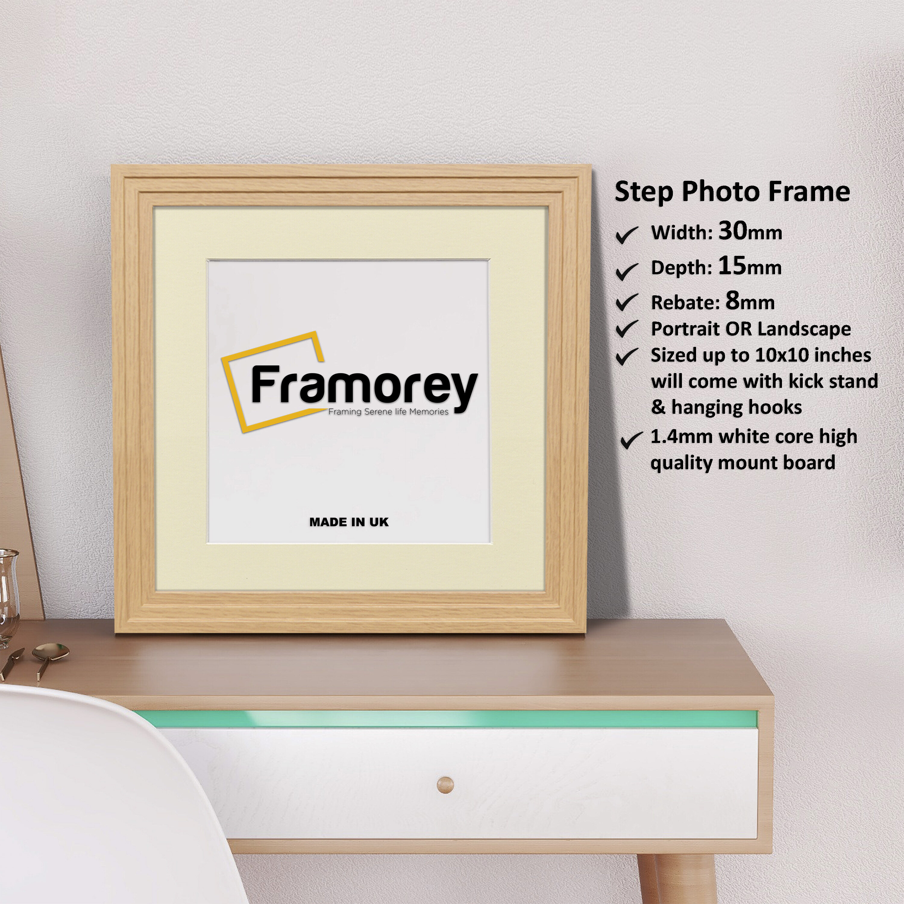 (Oak With Ivory Mount, 6x6" Pic (8x8" Frame)) Square Size Oak Picture ...