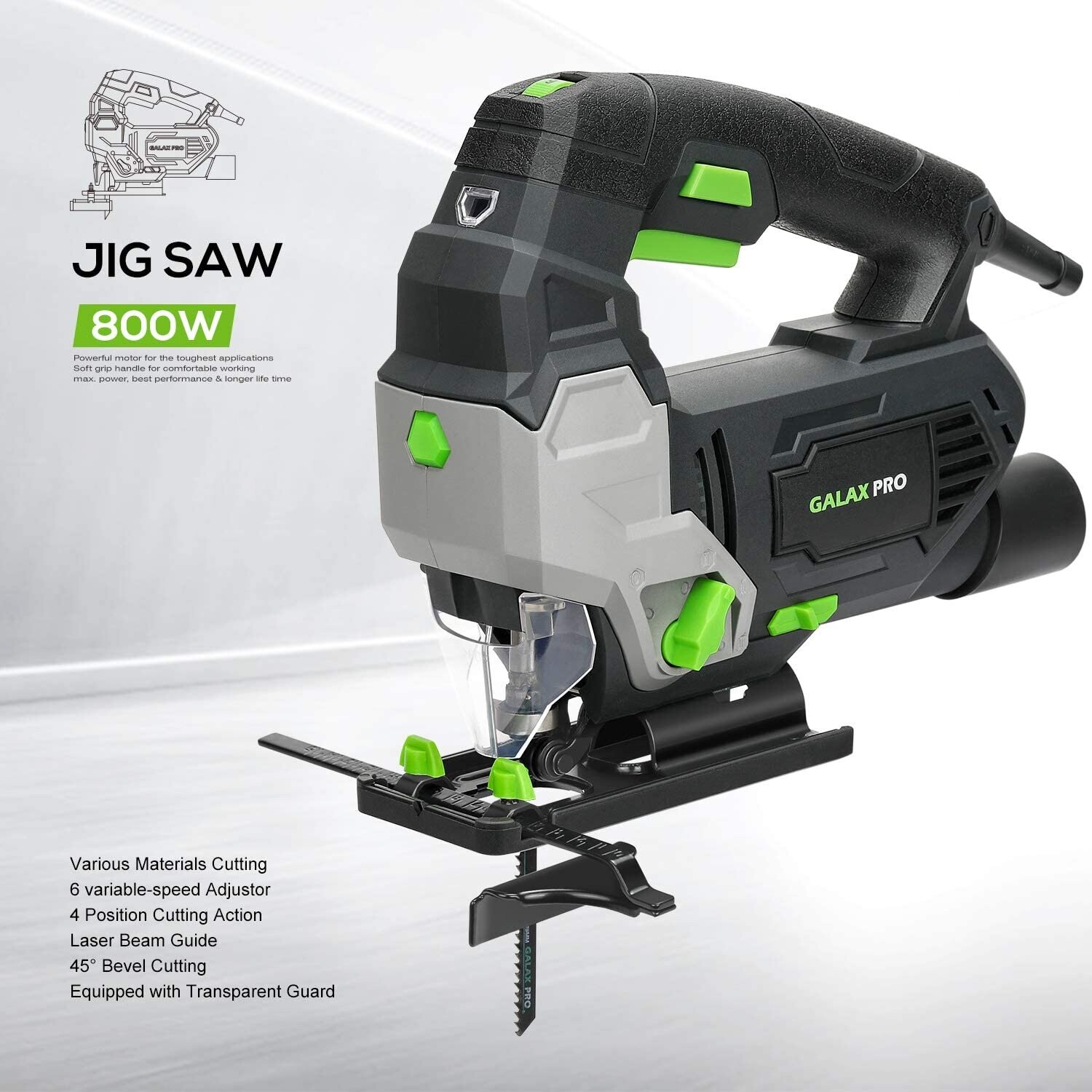 GALAX PRO Jigsaw, 800W 3000 SPM Jig Saw Tool, Max ±45° Bevel Cutting ...