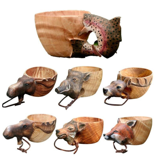 Hand Carved Wooden Mug Kuksa Guksi Animals Head Image Cup Wooden Mug ...