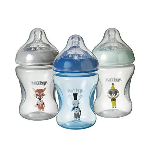 Nuby Anti Colic Baby Bottle Set with Slow Flow Easy Latch Teats. 3 Feeding Friends Decorated ...