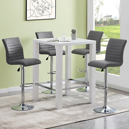 Jam Square Glass White Gloss Bar Table 4 Ripple Grey Stools on OnBuy