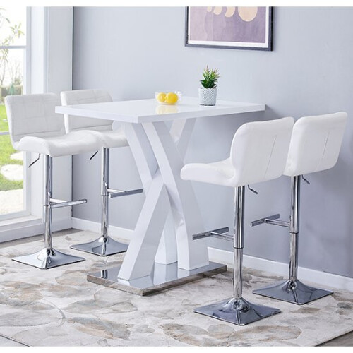 Axara White High Gloss Bar Table With 4 Candid White Stools on OnBuy