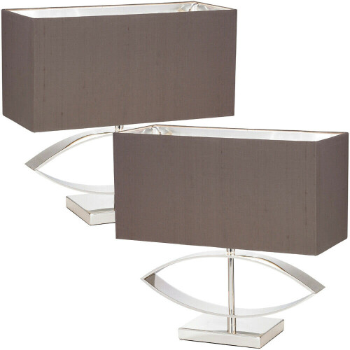 2 PACK Rectangle Table Lamp Light Silver Taupe Shade Square Base Desk ...