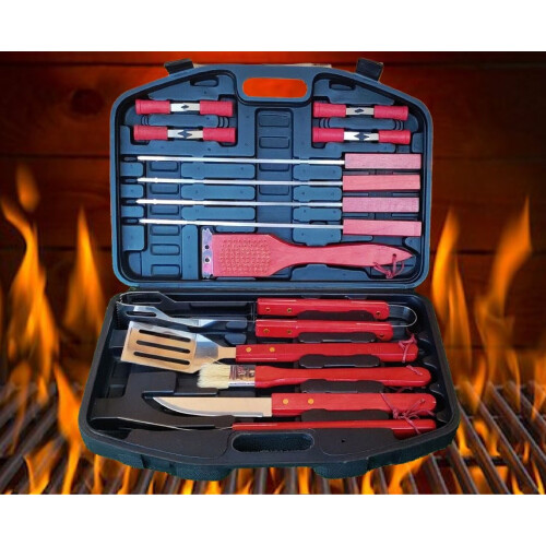 BBQ Cooking Tool Set 18 Piece in case Skewers Tongs Spatula Brush on OnBuy