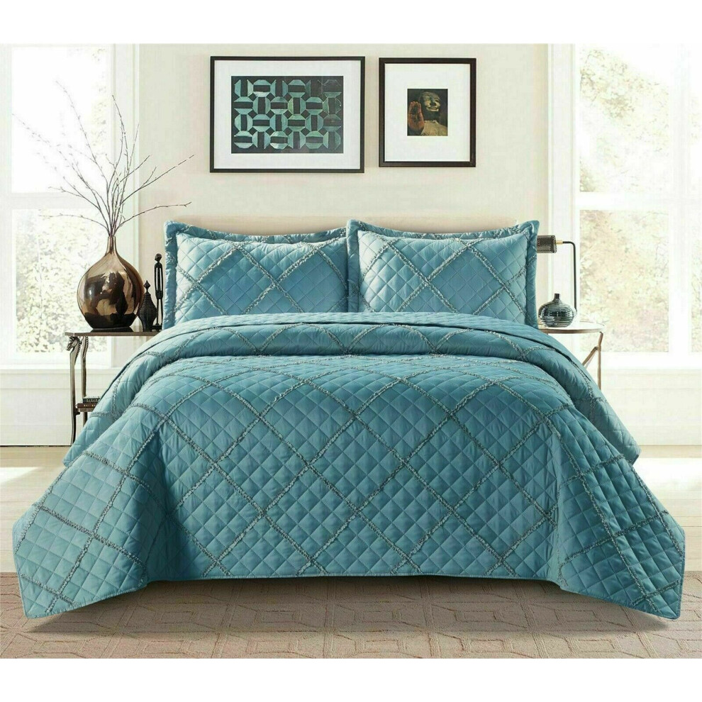 Blue Single Ruffle Embossed Quilted Bedspread Bed Throw Single Double King Size Bedding Set