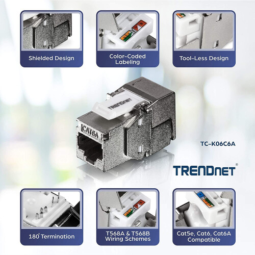 TRENDnet Shielded Cat6A Keystone Jack – 6-Pack, 180 Angle Termination ...