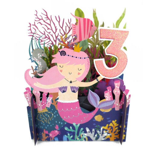 Girls 3rd Birthday Mermaid & Seahorse 3D Pop Up Birthday Greeting Card ...