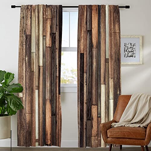 Riyidecor Rustic Wooden Barn Door Curtains Rod Pocket Wood Plank Brown ...