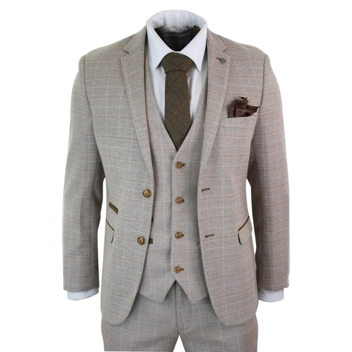 (36) Mens 3 Piece Beige Tweed Check Vintage Retro Suit on OnBuy