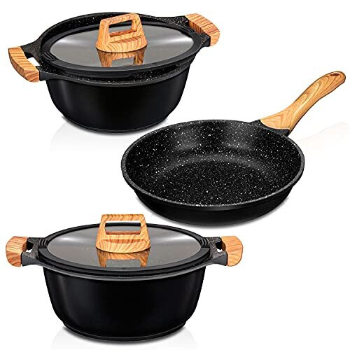 Smile Co Wood Induction Kitchen Set 3 Pieces Cast Aluminium Non-Stick ...