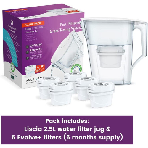 Aqua Optima Oria Liscia Filter Jug & 6 x 30 Day Evolve+ Water Filter ...