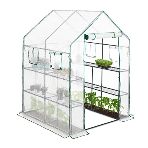 Relaxdays Walk-In Greenhouse 4 Window Bench, Stool, Display Racks ...