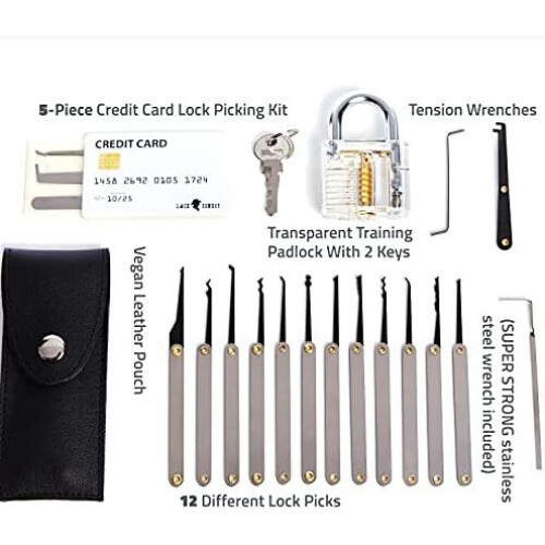 20-Piece Lock Pick Set with Transparent Training Padlock and Credit Card Lock Picking Tool Kit ...