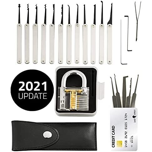 20-Piece Lock Pick Set with Transparent Training Padlock and Credit ...